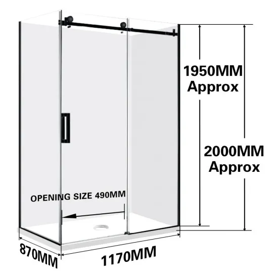 1170*870*1950mm Black Frameless Sliding door Rectangle Shower Box