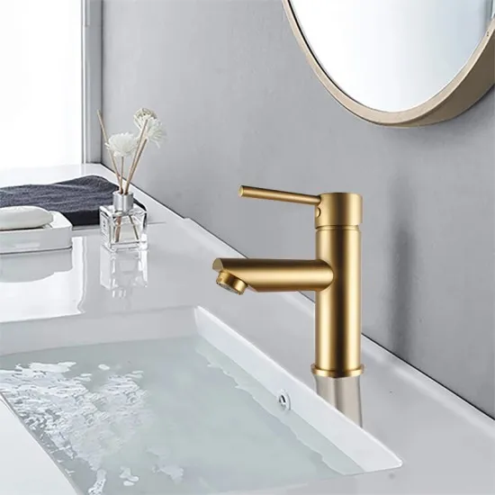Brushed Yellow Gold Round Basin Mixer Vanity Tap Brass