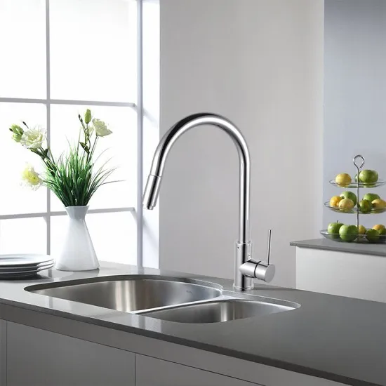 360° Swivel Pull-Out Kitchen Tap - Euro Round Chrome Finish | DR Brass