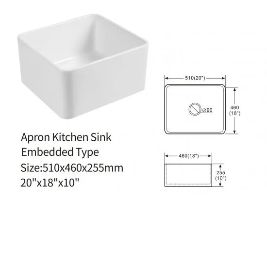 510x460x255mm Ceramic Butler Sink – Single Bowl Farmhouse Sink