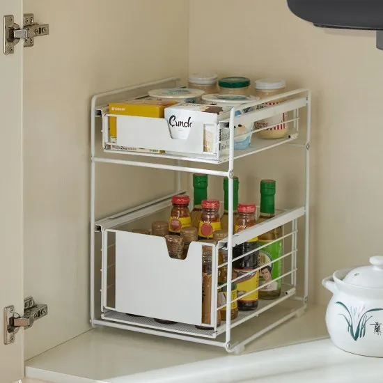 2 Tier White Kitchen Organiser Storage Counter-Top/Under Rack