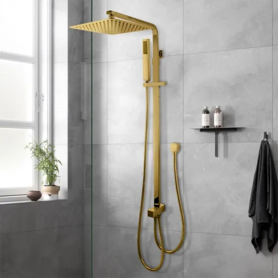 10 inch 250mm Square Brushed Yellow Gold Twin Shower Set Top/Bottom ...