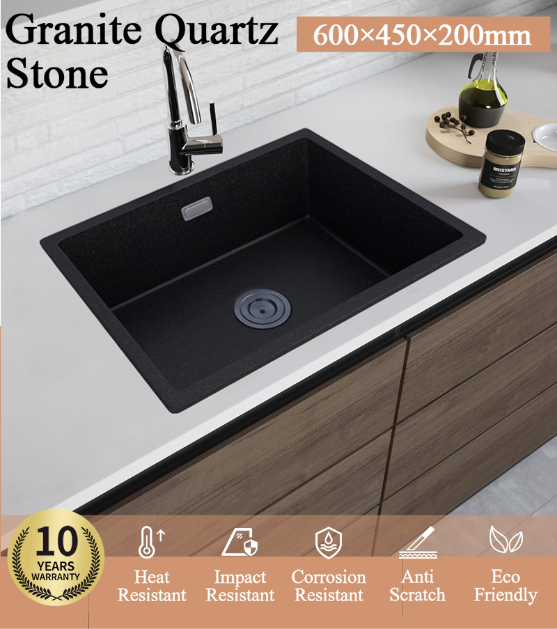 granite quartz black single kitchen sink top /undermount 600*450*200mm